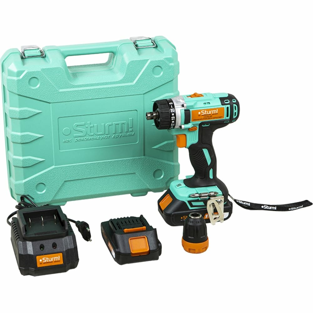 Аккумуляторная дрель Sturm 18 В, 1BatterySystem, 2 акк. 2,0Ач, съемный патрон, кейс CD3618T