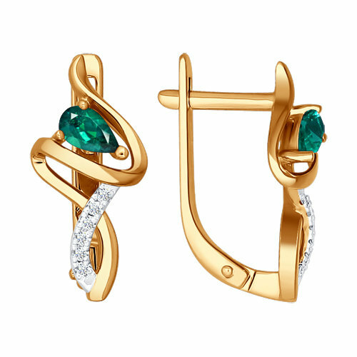 Серьги, красное золото, 585 проба, бриллиант, изумруд