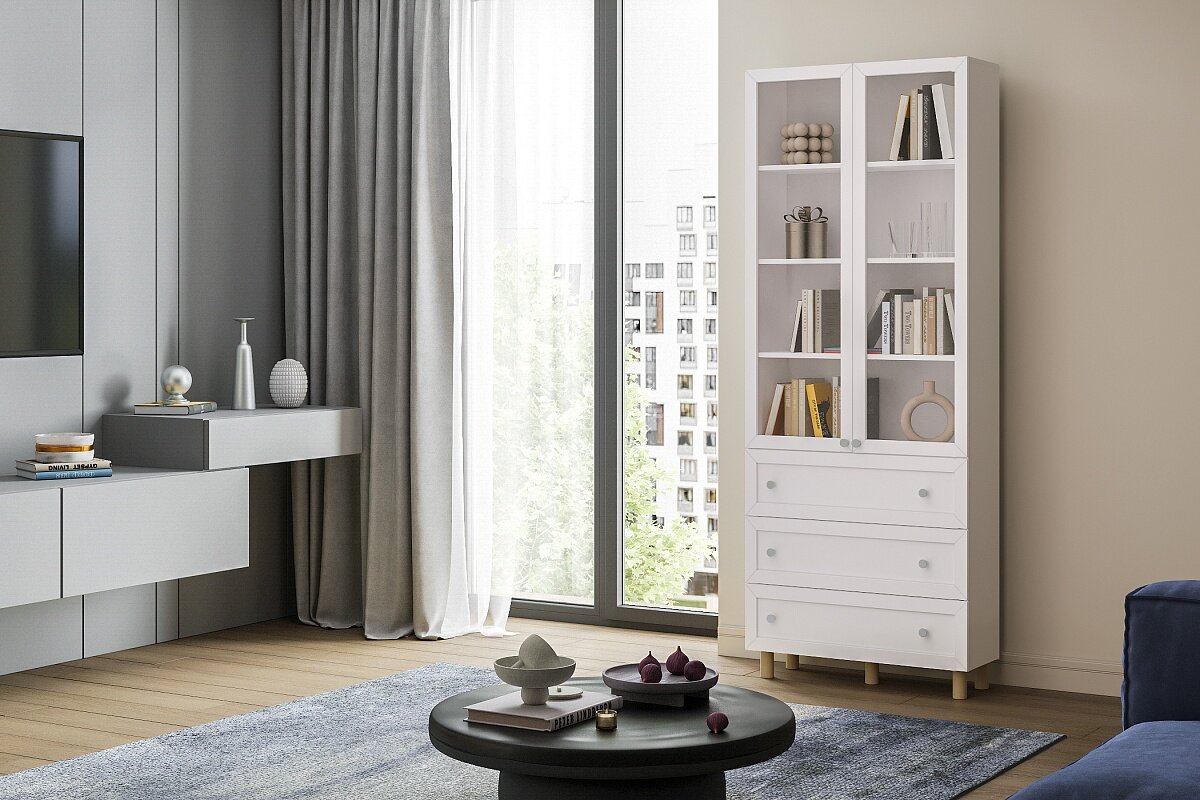 Шкаф книжный стеллаж Билли Сканди Billy по мотивам Икея Ikea - 39 80x30x209 для книг двухдверный с 3 ящиками