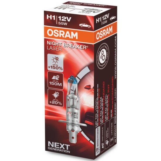 Лампа автомобильная Osram Night Breaker Laser +150% H1 55W P14.5s 3500K 12V, 64150NL