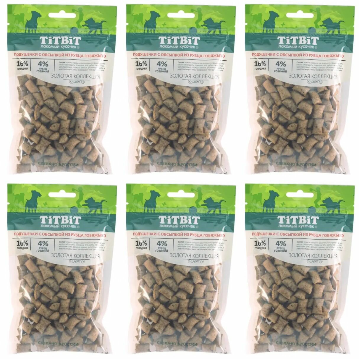 Titbit Лакомство для собак Золотая коллекция Подушечки с обсыпкой из рубца говяжьего, 80 г, 6 уп