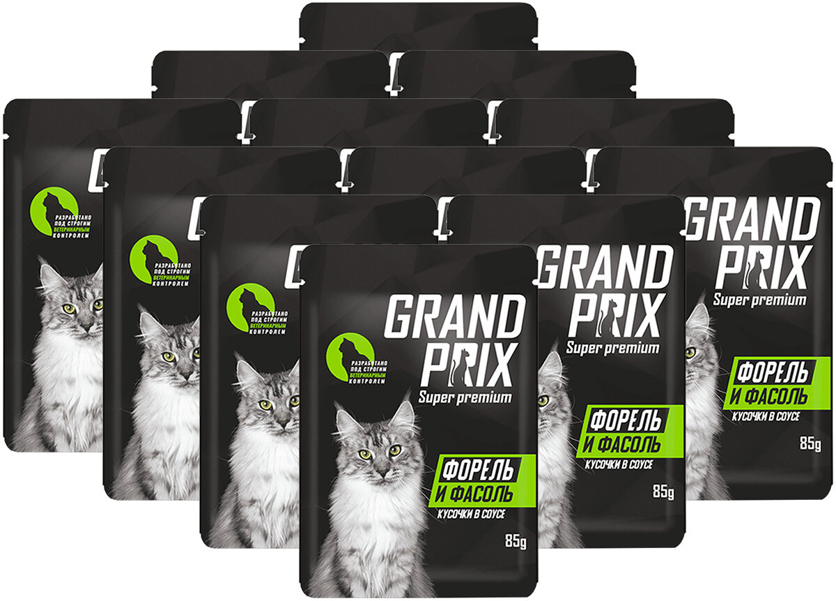 Корм влажный Grand Prix для взрослых кошек с форелью и фасолью в соусе пауч, 85 г х 12 шт