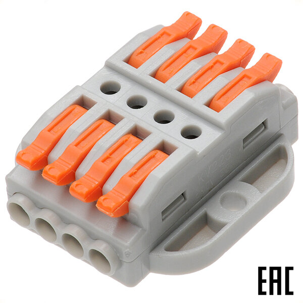 Зажим VSE-KV223-4Р безвинтовой 4 пары х(0,08-4,0)кв. мм с креп. на поверхность серый (7 шт. в комплекте)