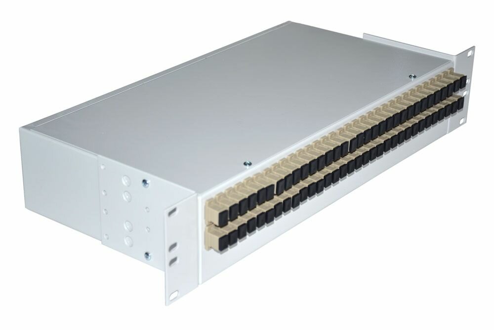Кросс стоечный оптический VIMCOM 19' укомплектованный 2U, 64 порта SC, 50/125 мкм (сплайс-кассета, пигтейлы, адаптеры, КДЗС), сплошная панель, серый.