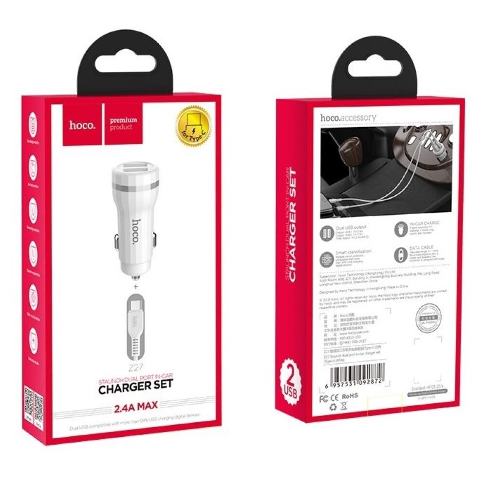 Автомобильное зарядное устройство HOCO Z27 Staunch, 2 x USB-A 2.4A, кабель Type-C (Белый)