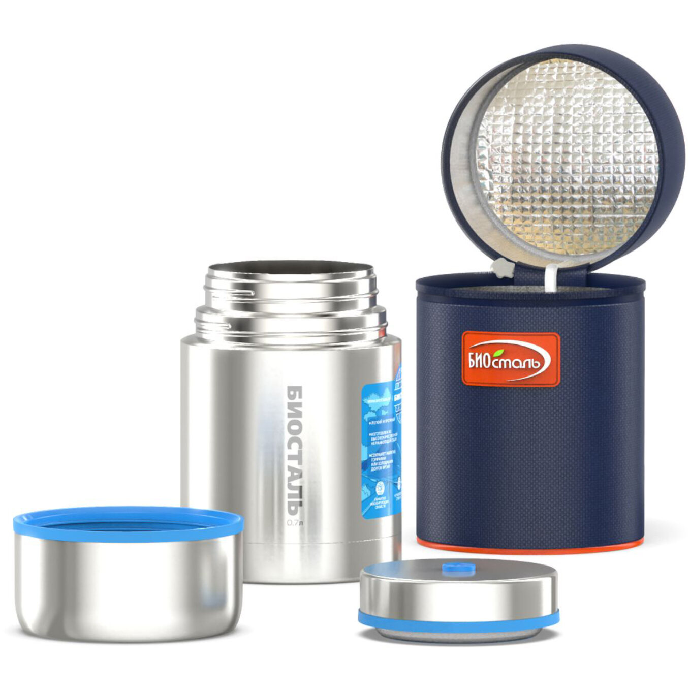 Термос Биосталь 700 мл с широким горлом для еды, нержавеющая сталь, с термочехлом, biostal NRP-700