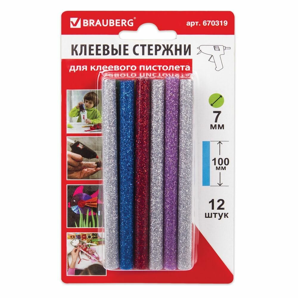 Клеевые стержни, диаметр 7 мм, длина 100 мм, цветные (ассорти), С блестками, комплект 12 шт, 6 цветов, BRAUBERG