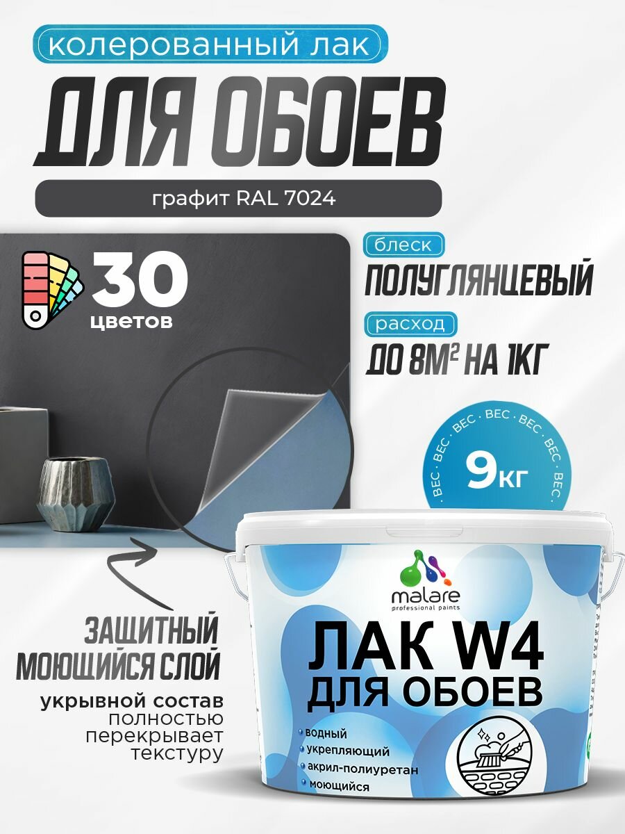 Лак колерованный укрывной для защиты обоев Malare W4 универсальный для дерева и минеральных поверхностей, водный без запаха быстросохнущий, полуглянцевый RAL 7024 графит, 9 кг.