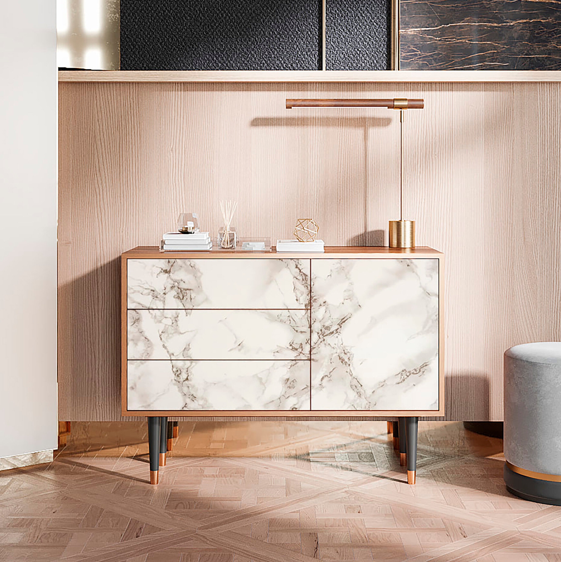 Комод - STORYZ - S3 Milk Marble, Размер - 115 x 84 x 41 см, Цвет корпуса - , Орех