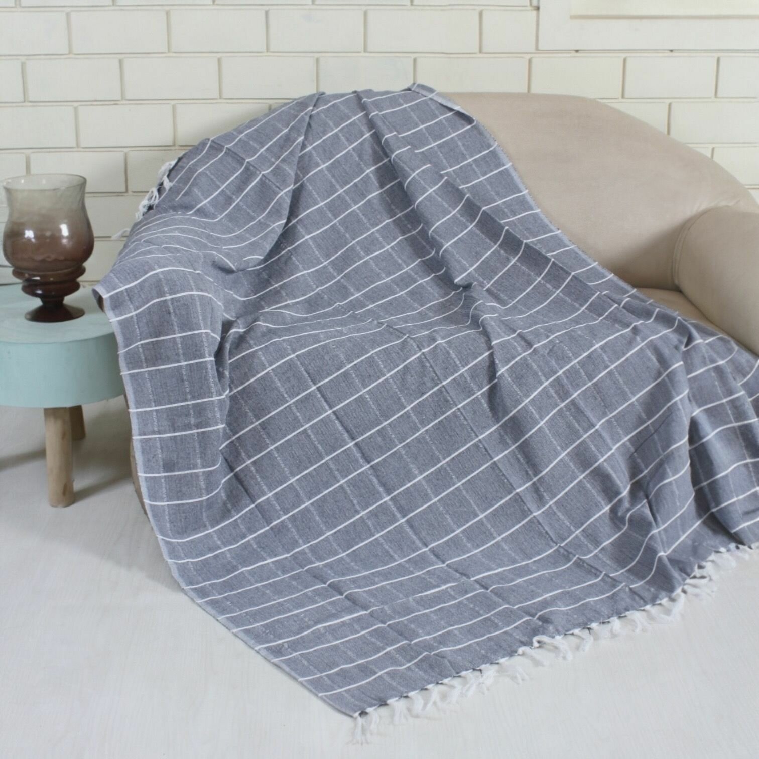 Shekhor Покрывало Индира Премиум хлопковое с бахромой Индия темно-серое SGP-002 225х250 см