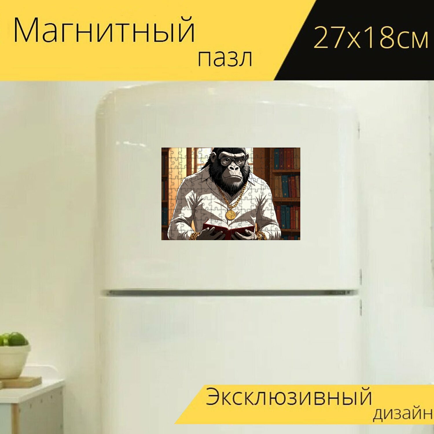 Магнитный пазл "Мудрая горилла в очках, одетая в белую рубашку с распахнутым воротником, стоит в уютной библиотеке, держа в руках книгу. У него длинные." на холодильник 27 x 18 см.