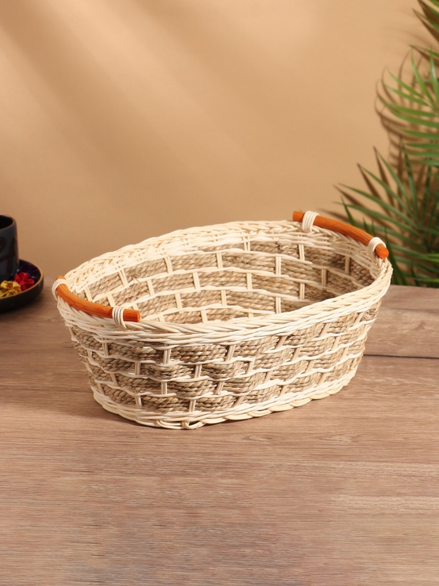 Корзина Сима-ленд, плетеная, овальная, ротанг, морские водоросли, бежево-коричневая, 32x25x11 см