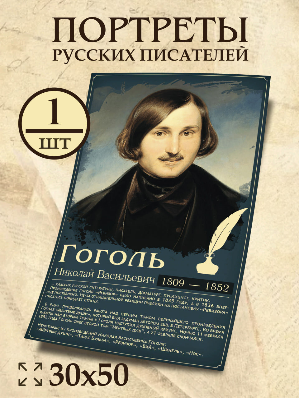 Плакат Гоголь Н. В. с описанием 30х50 см