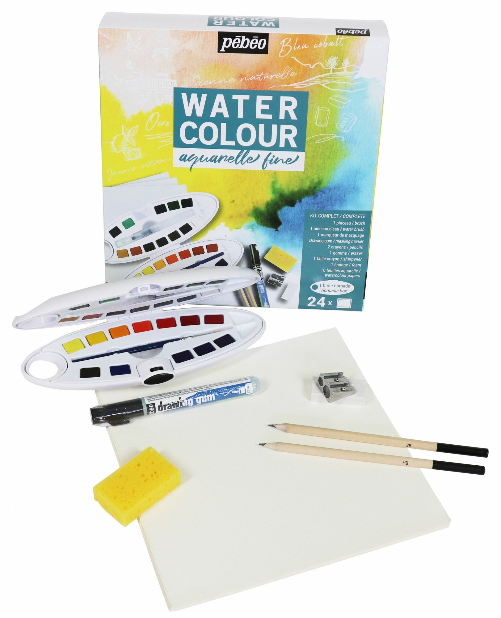PEBEO краски акварельные художественные, набор 24 цвета с аксессуарами, 300208