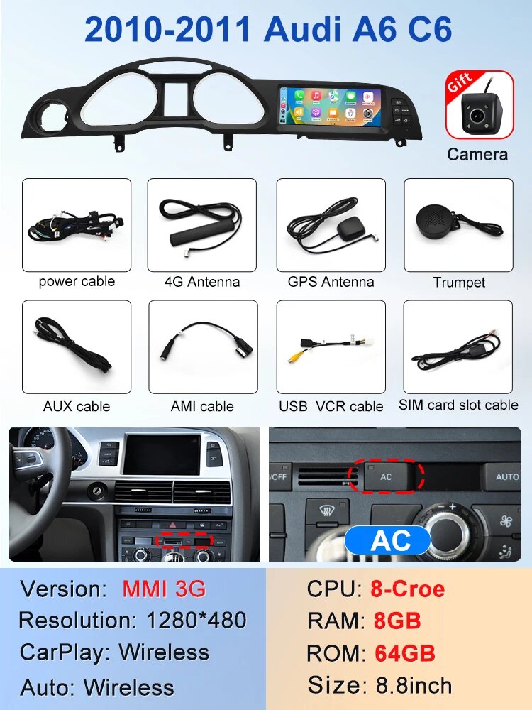 STWEI новый черный автомобильный мультимедийный беспроводной Android AUTO CarPlay 8,8-дюймовый экран для AUDI A6 C6 2005-2011 лет автомобильные видеоплееры GPS 8G 64G MMI 3G