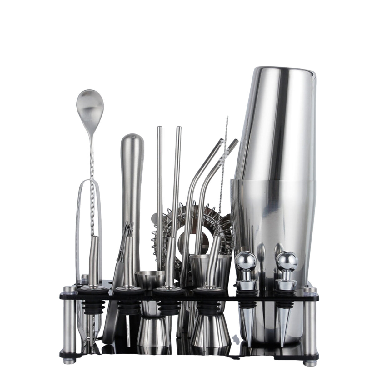 20pcs Набор для коктейлей Bar Cocktail Set Shaker Drink Making Kit из нержавеющей стали с держателем, модель CG1236, материалы 304 нержавеющая сталь+акрил, объемы 350ml, 550ml, 750ml, Boston Shaker (опционально)