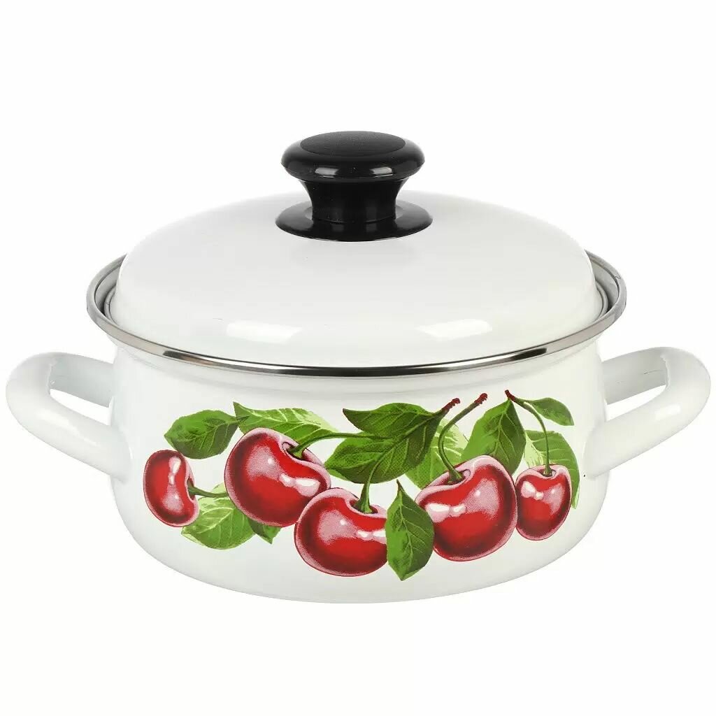 Кастрюля Керченский Металлургический Завод эмалированная, 1,5 л, крышка стальная, сферическая, Вишневый сад, белая