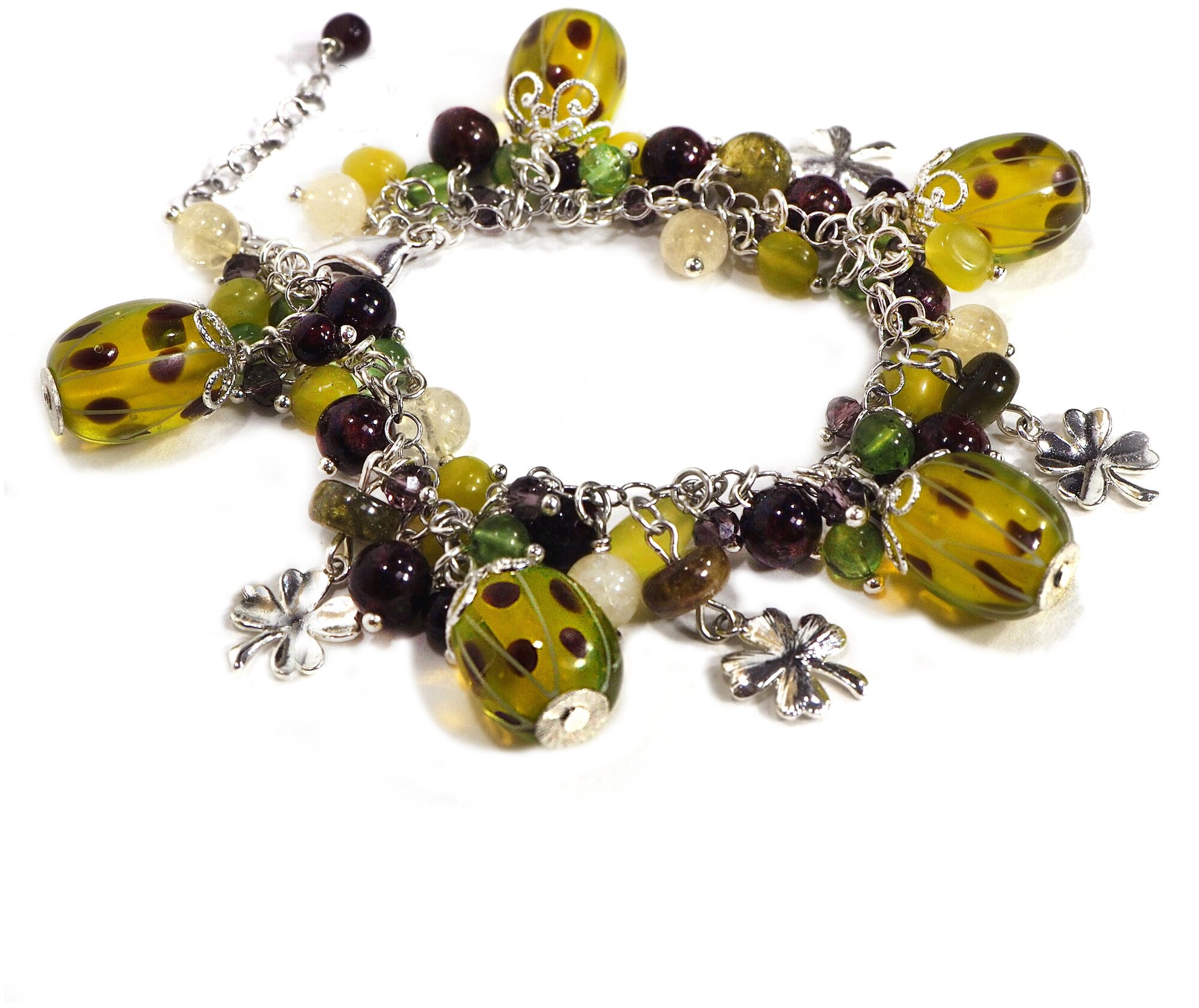 Браслет, муранское стекло, оливин, гранат, металл, цитрин