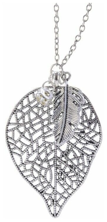 Подвеска воздушный листок с пёрышком, металл, серебряная, 4.5х7 см, Kaemingk 386127-1