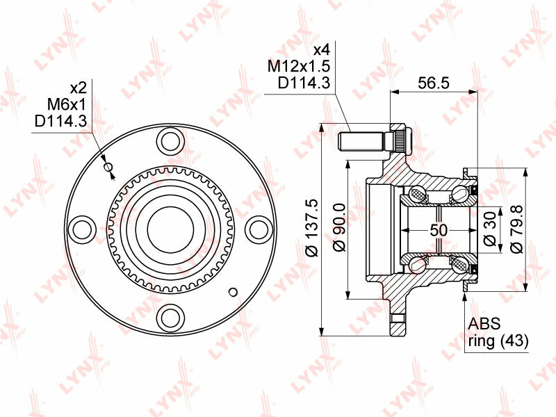 Ступица задняя в сборе с ABS, 4 отверстия колеса MITSUBISHI LancerCS 1.3-2.4 03 Dion 2.0 99-05 LYNXauto WH-1067
