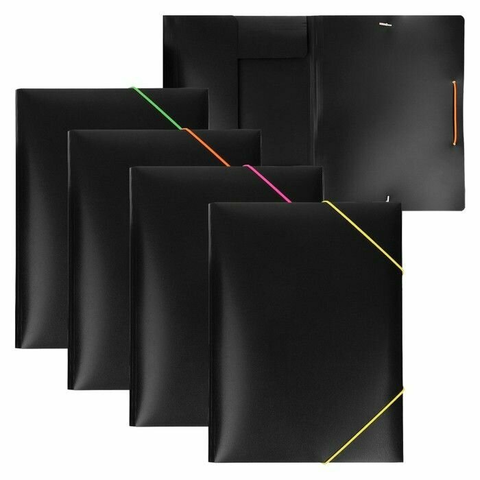 Папка на резинке А4, 500 мкм, Calligrata, корешок 15 мм, чёрная, (неоновые цветные резинки)- 4 штуки