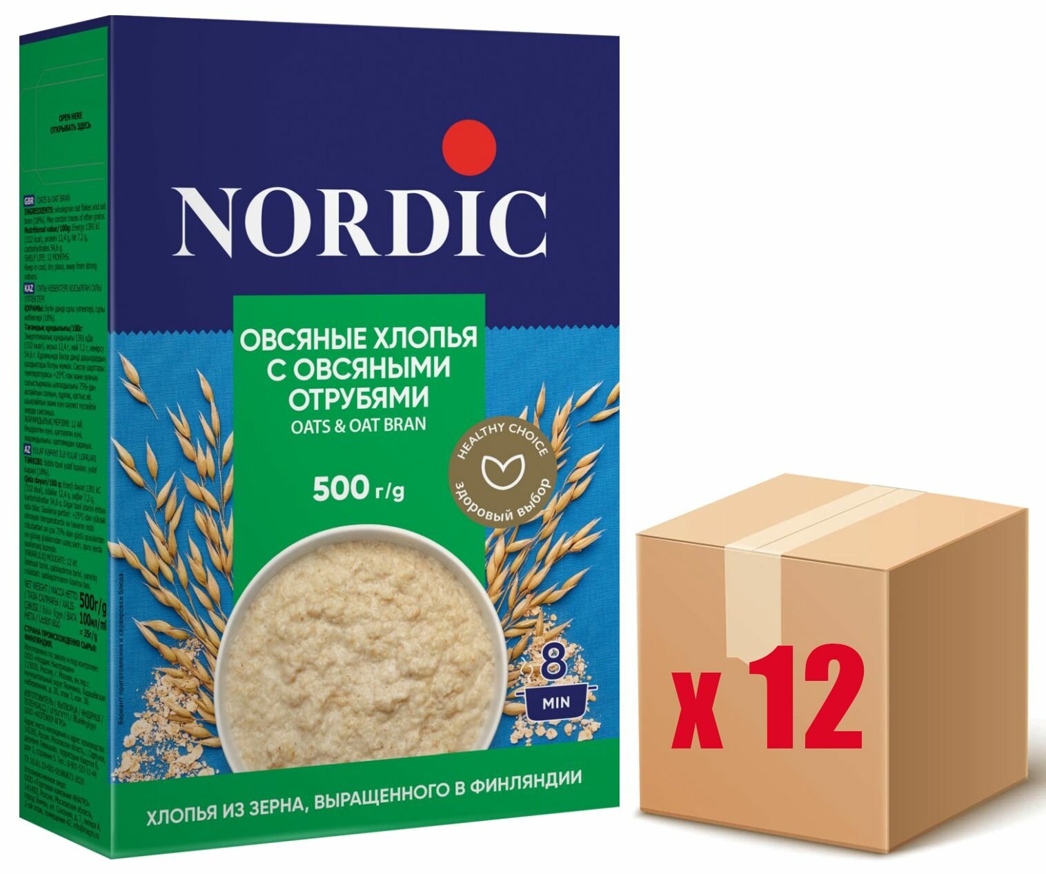 Nordic Овсяные хлопья с овсяными отрубями, 500г х 12шт