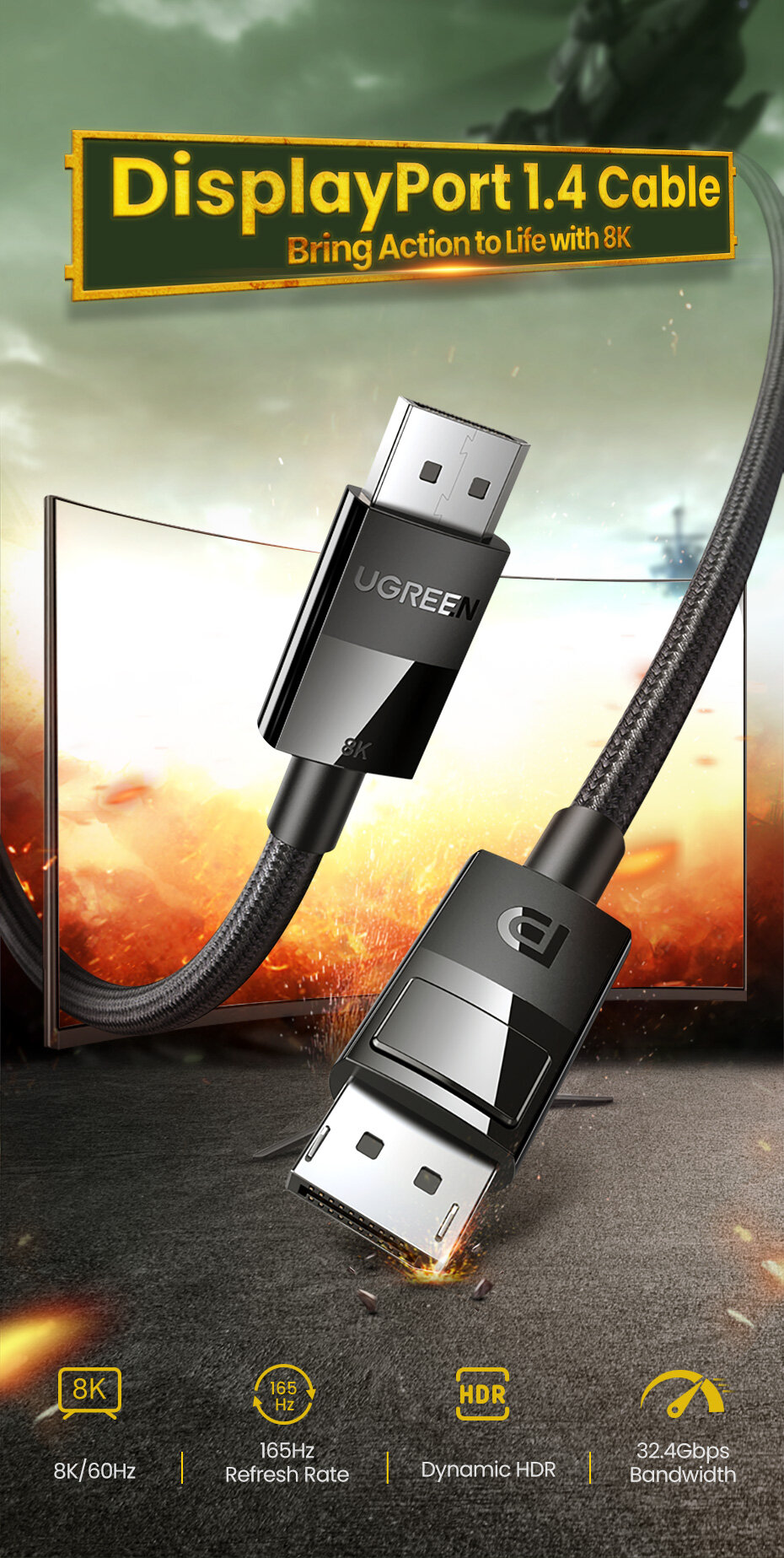 Кабель UGREEN DP114 (80391) DP 1.4 Male to Male Plastic Case Braided Cable. Длина: 1,5 м. Цвет: черный