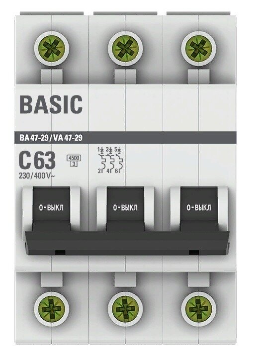 Автоматический выключатель EKF / ЕКФ ВА47-29 Basic 3Р 63А характеристика С 4.5кА, mcb4729-3-63C / электроавтомат