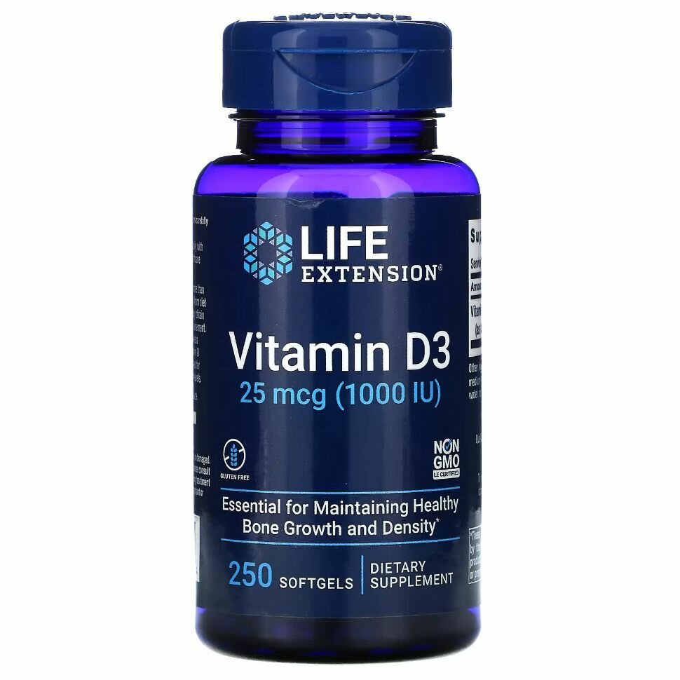 Life Extension Витамин Д3, Vitamin D3 25 mcg 1000 IU 250 капсул