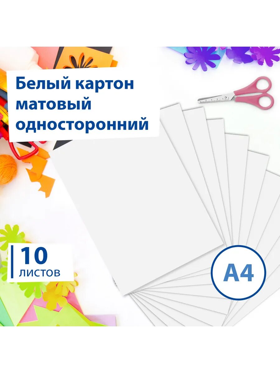 Картон белый А4 немелованный, 10 листов, в папке.
