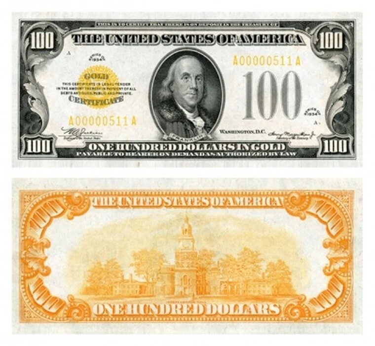 100 долларов 1934 золотой сертификат США, сувенирная копия, банкноты и купюры редкие коллекционные