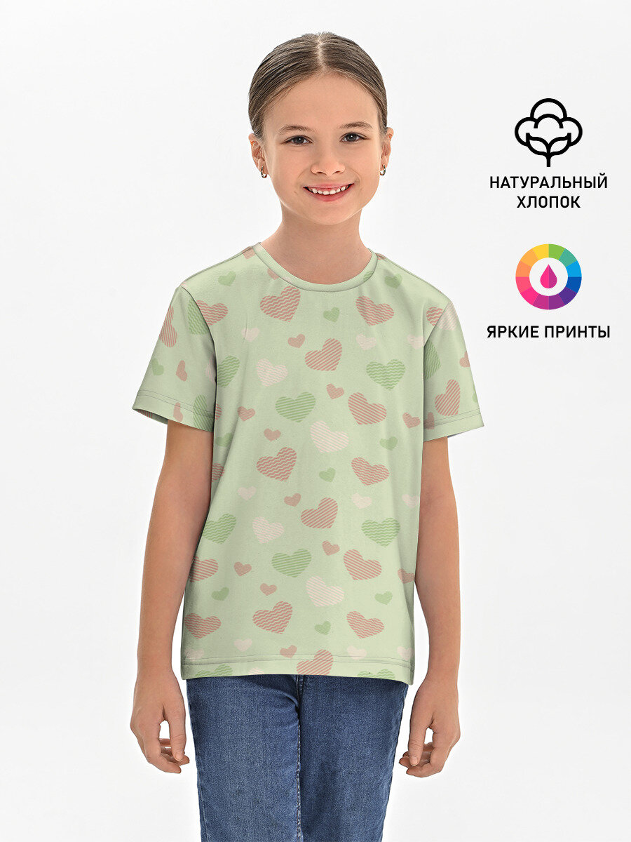 Футболка хлопковая детская Сердечки на светло зеленом фоне