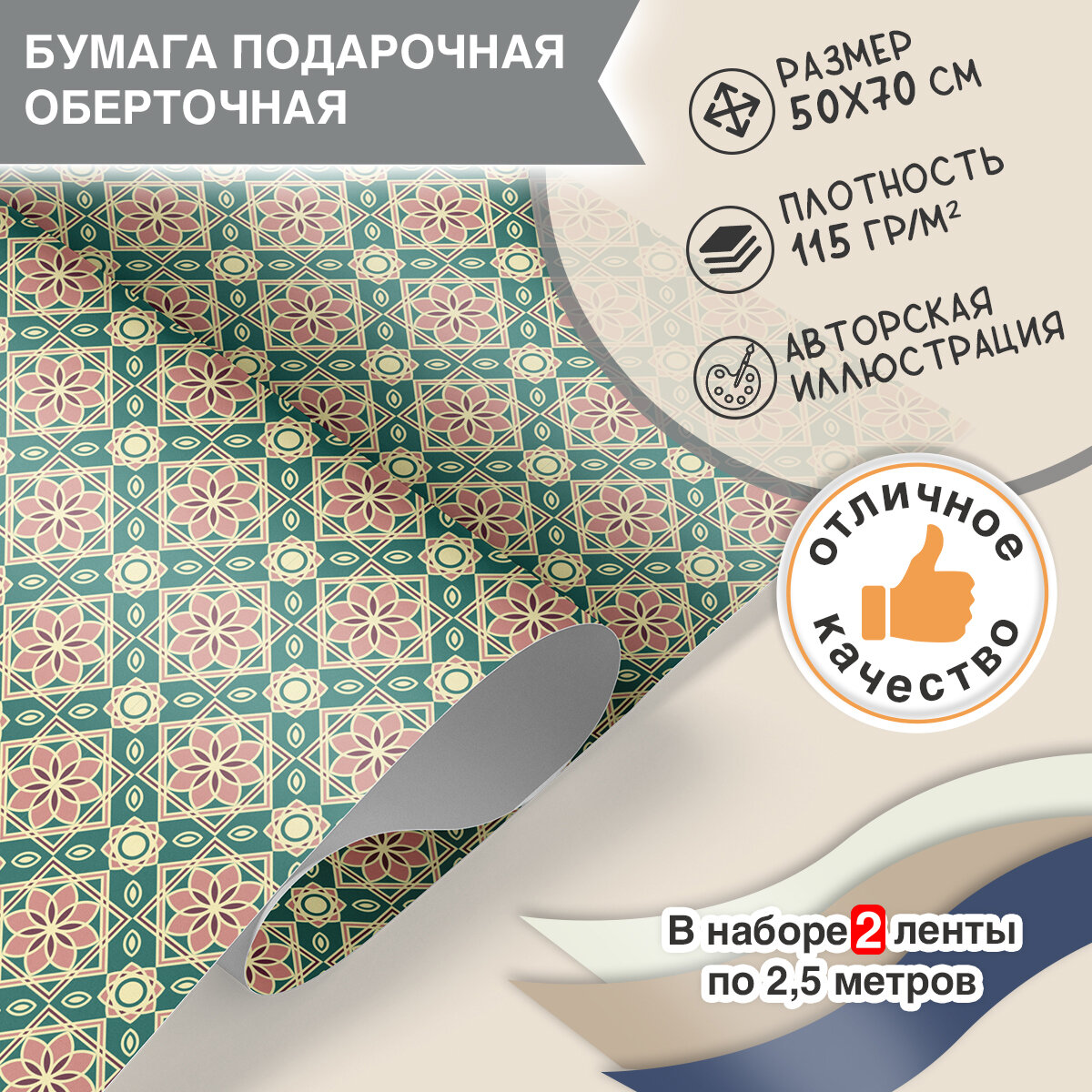 Бумага для упаковки восточная цветочная графика, листы 50х70см, 2 листа, матовые, плотные