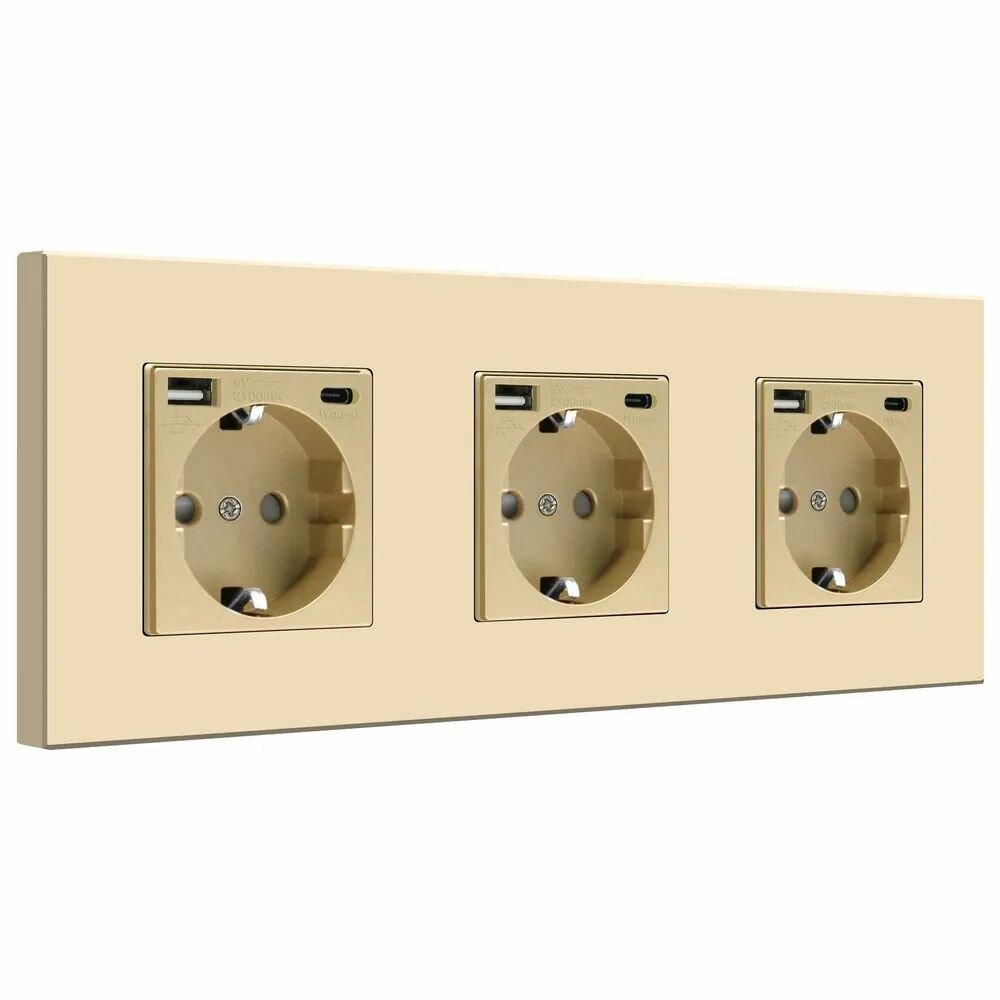 Розетка с USB Type-C MVAVA, зарядка 10Вт, встраиваемая, 3 поста, с заземлением, золотая