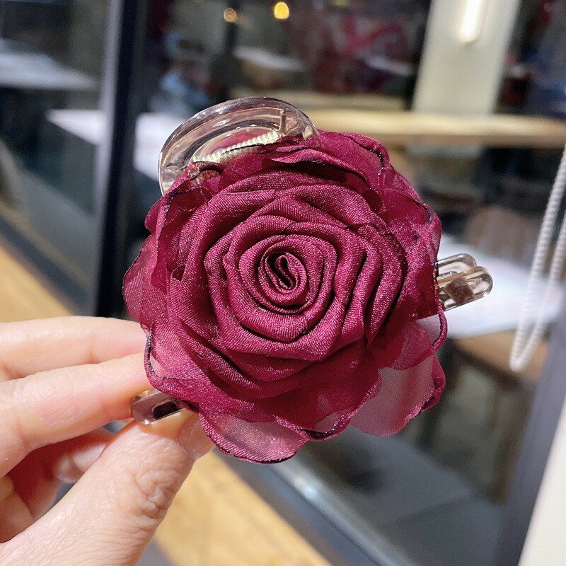 Заколка "Цветок розы", 8 см, винно-красная