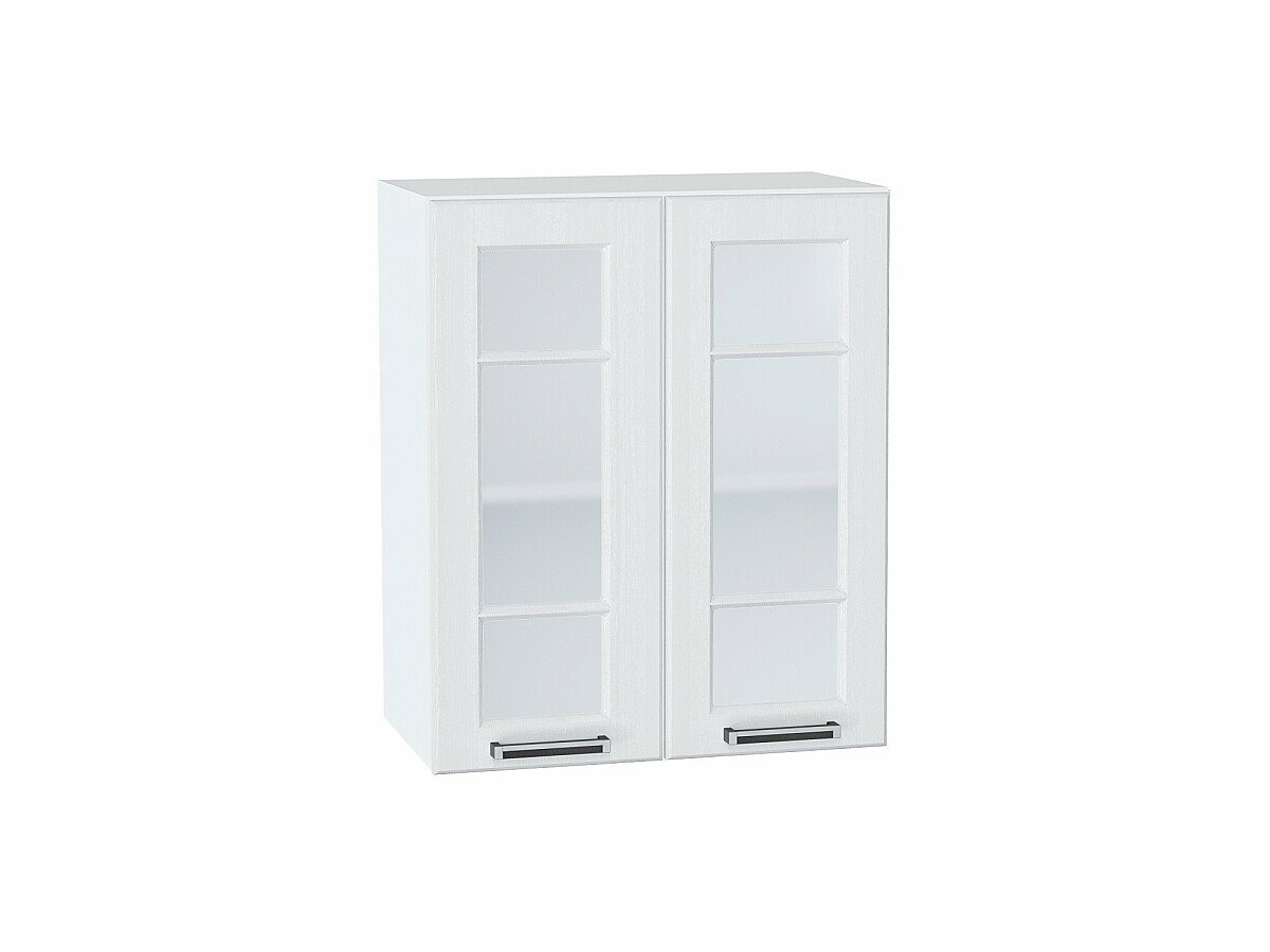 Шкаф верхний с 2-мя остекленными дверцами Прага, цвет фасада Белое дерево, цвет каркаса Белый, стекло Сатинато белое, 716*600*318 мм
