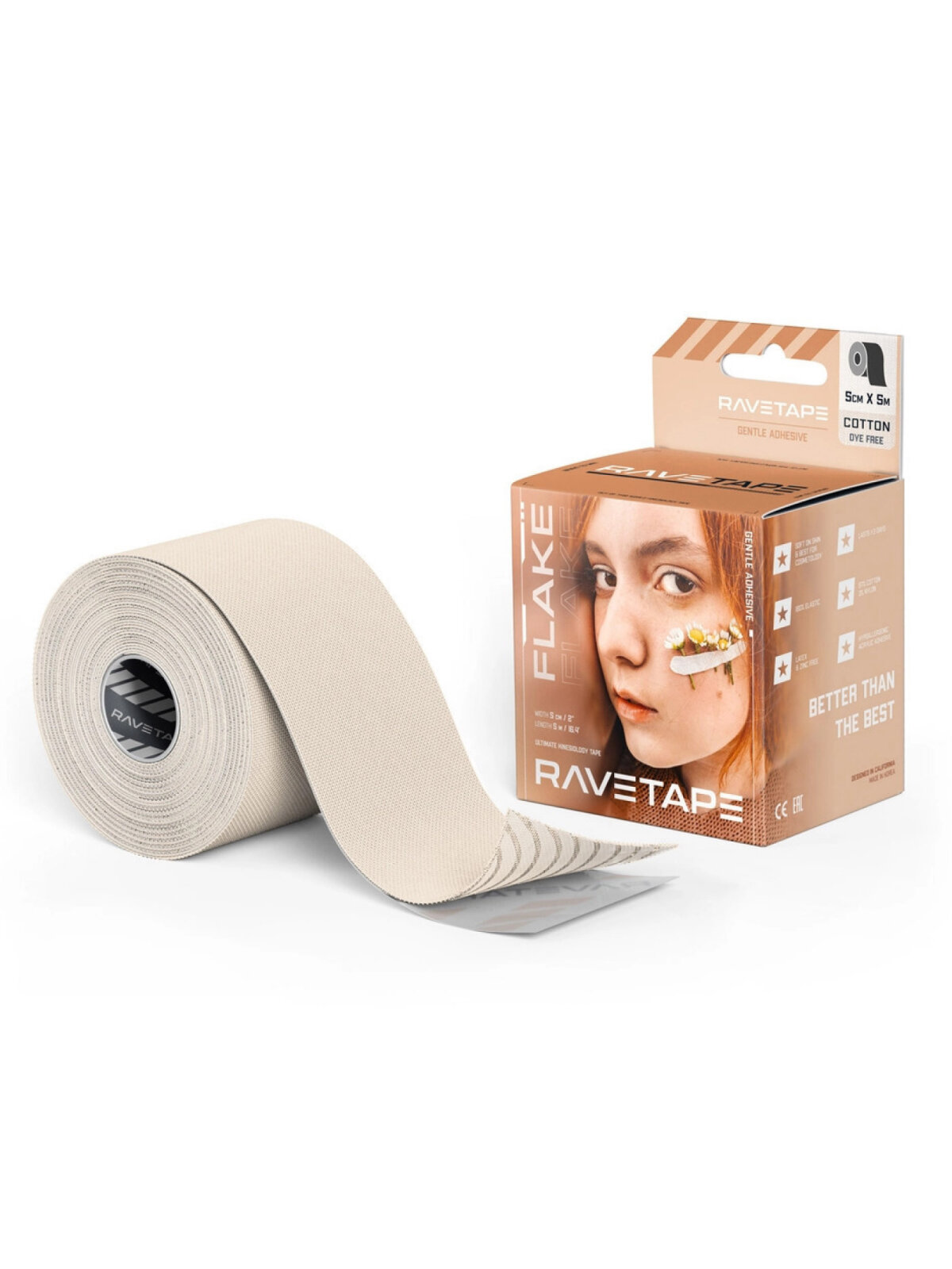 Тейп для лица RaveTape FLAKE, для чувствительной кожи, 1 широкий рулон, 5 см х 5 м, без латекса