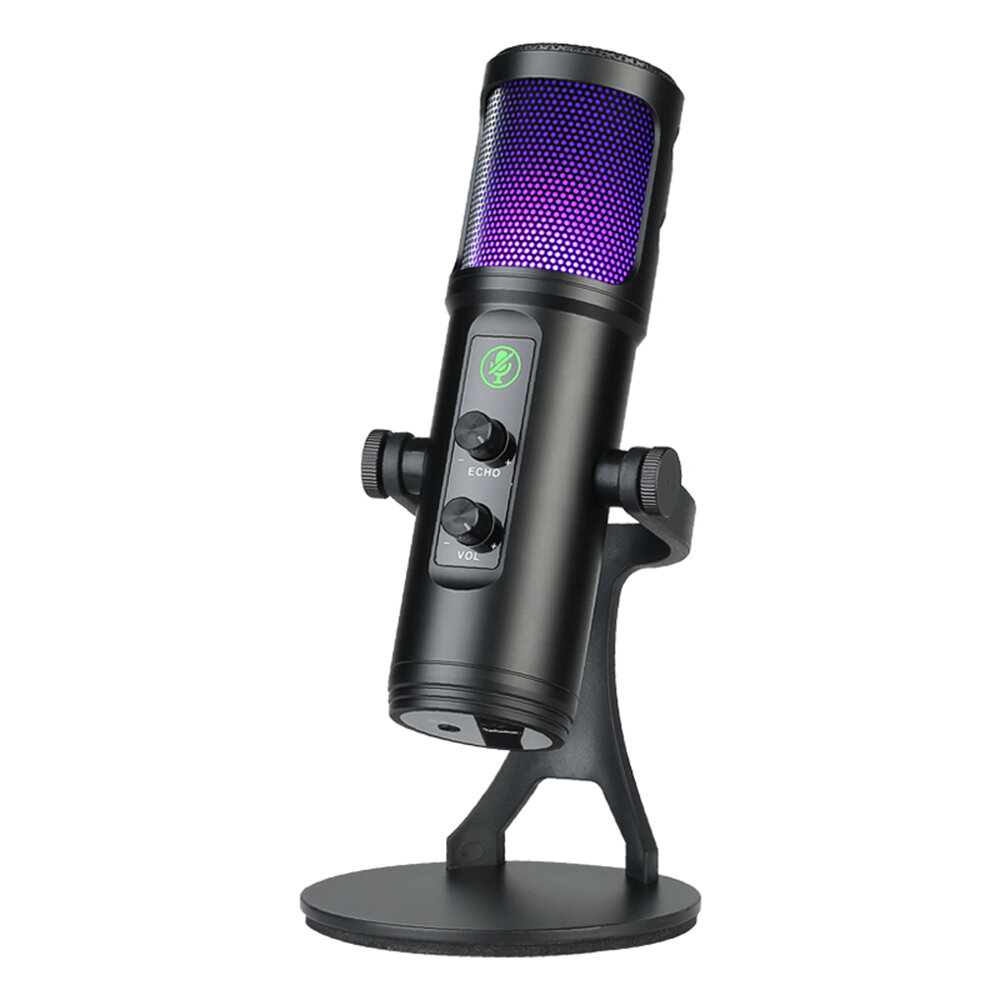USB Condenser Microphone Cardioid Mic RGB Colorful Lights One-Button Mute Headphone Real-time Monitoring Desktop Mic Stand Smartphone Laptop PC Live Streaming Video Conference Online 16bit 48KHz USB Type-C Windows 7 OSX10.9 20Hz-20KHz 40dB +/-3dB >87dB