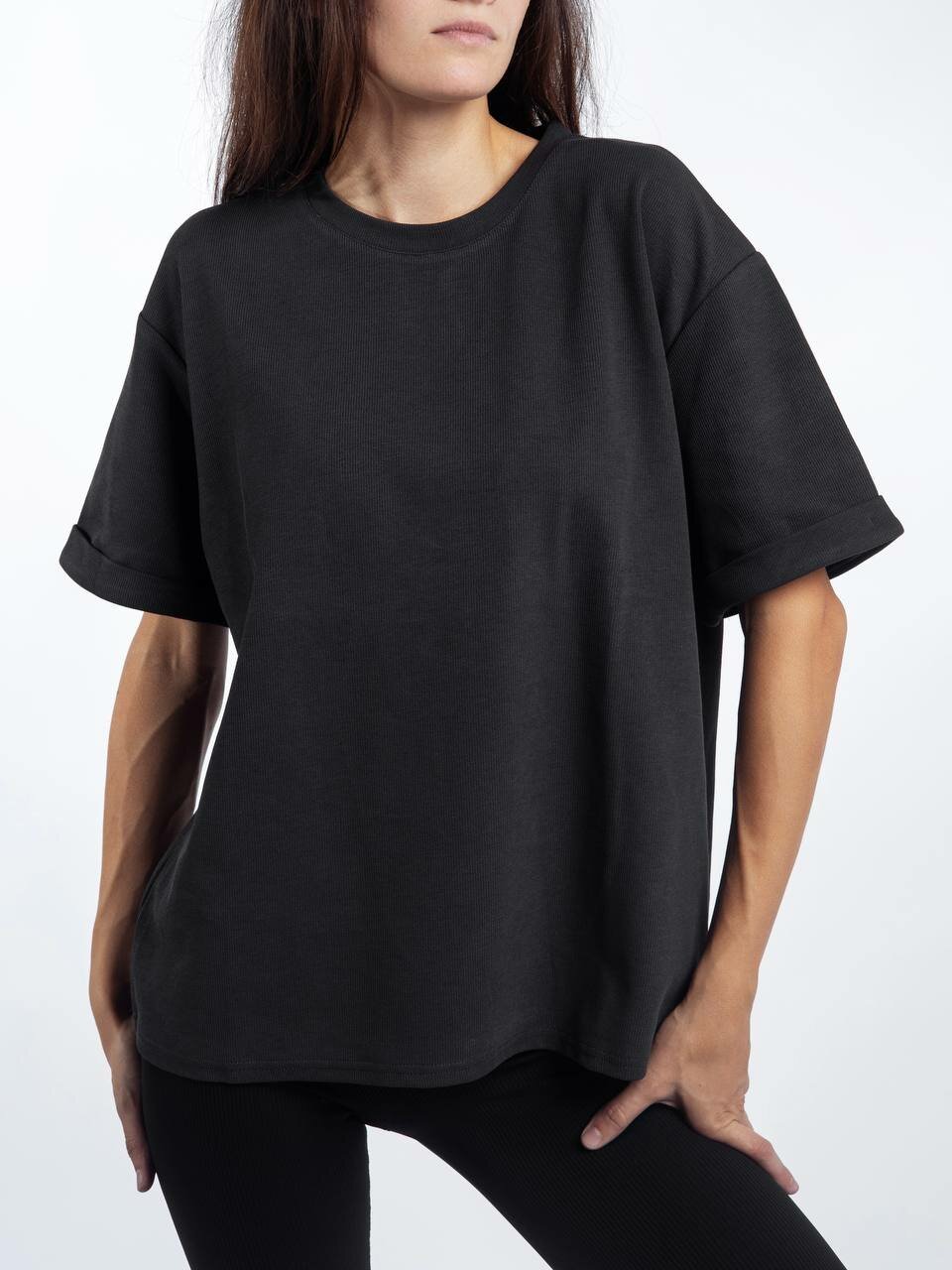 Футболка Футболка базовая, в рубчик, оверсайз, свободная, широкая, с завернутым рукавом, хлопковая, однотонный принт, трикотажная