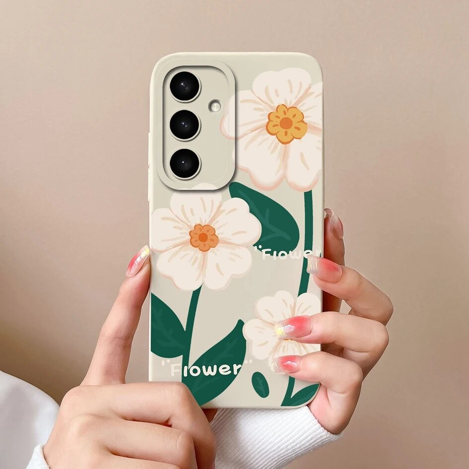 Чехол Samsung S25 Plus, белый, цветочный рисунок