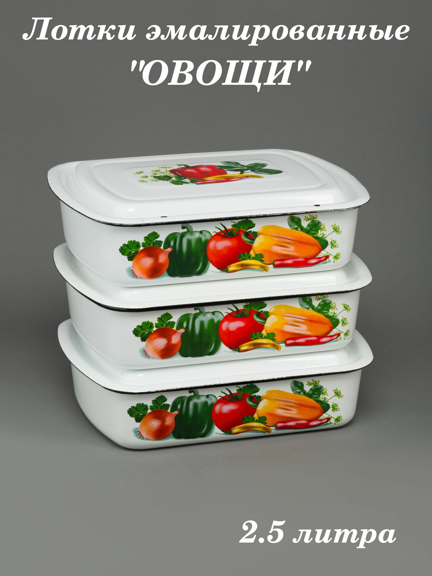 Лоток эмалированный 2,5л для холодца, с рисунком Овощи - 3 шт