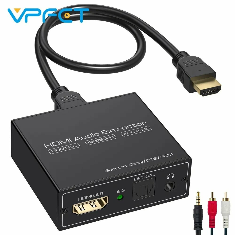 HDMI ARC Audio Extractor 4K60Hz, конвертер-разветвитель HDMI в оптический/SPDIF 3,5 мм AUX аудиоадаптер, поддержка LPCM 5.1/DTS/DSD VPFET