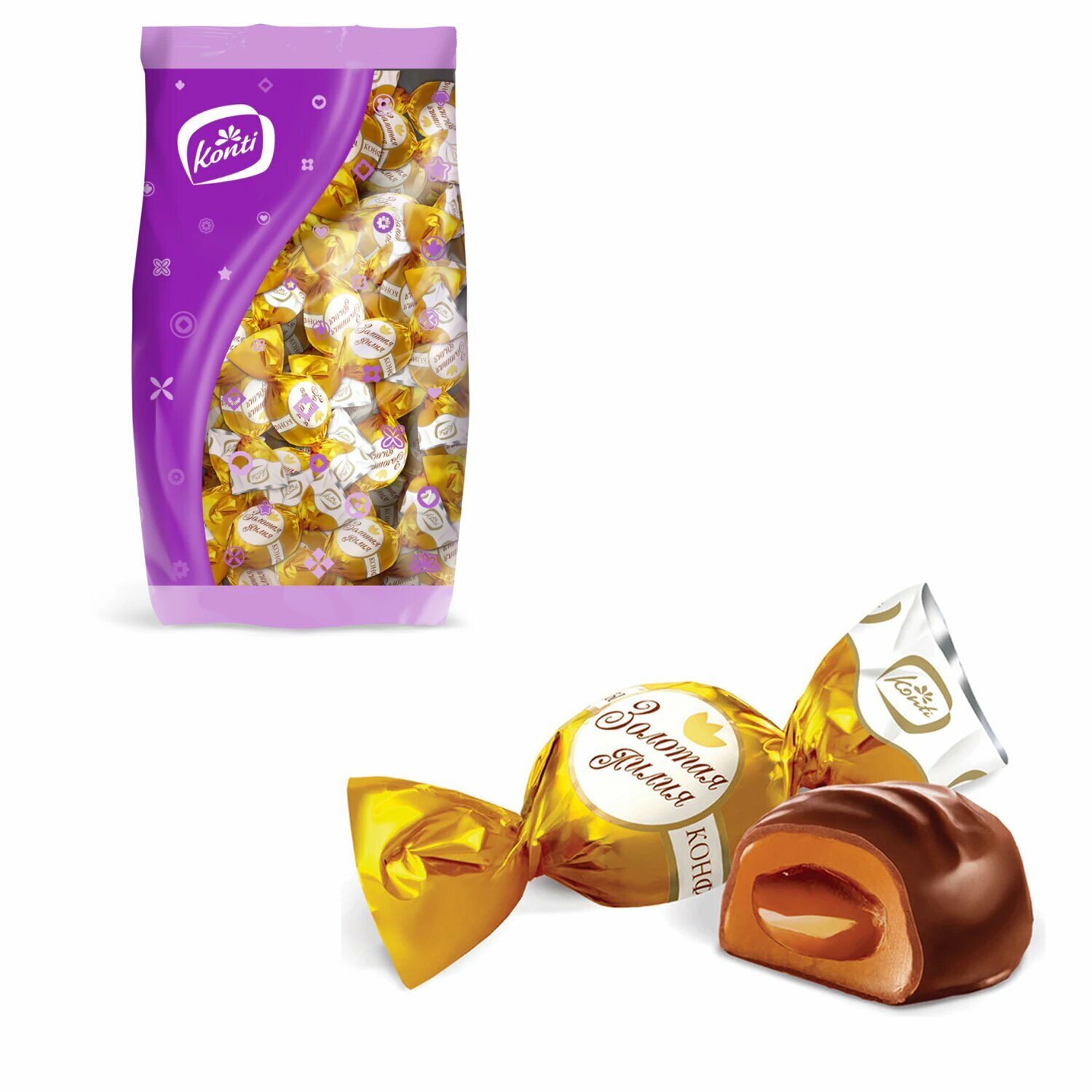 Конфеты шоколадные KONTI "Золотая лилия" на основе тоффи со сгущенным молоком, 1000 г, пакет, 16511