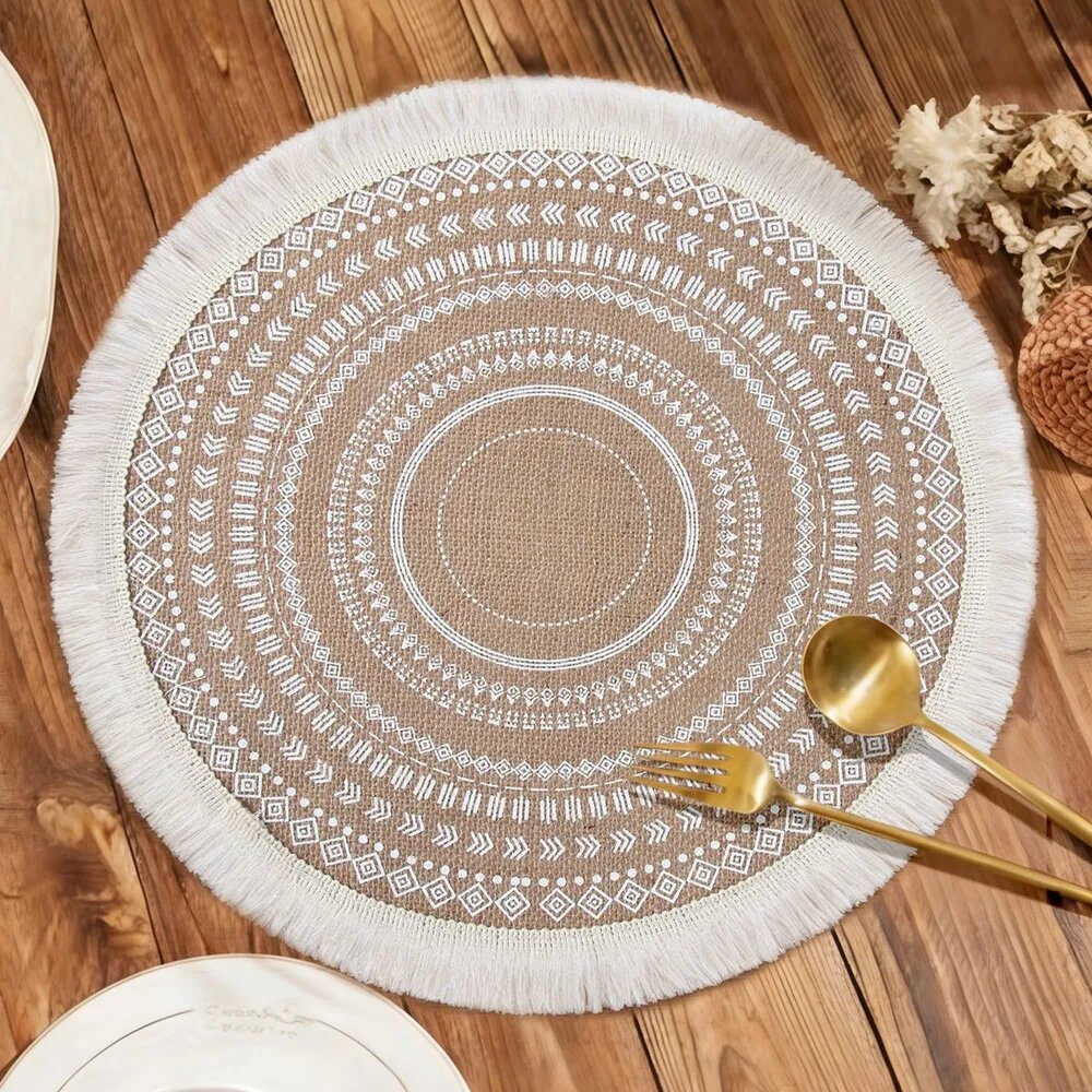 Салфетка сервировочная Лён 38x38см, 6шт, круглая, с бахромой