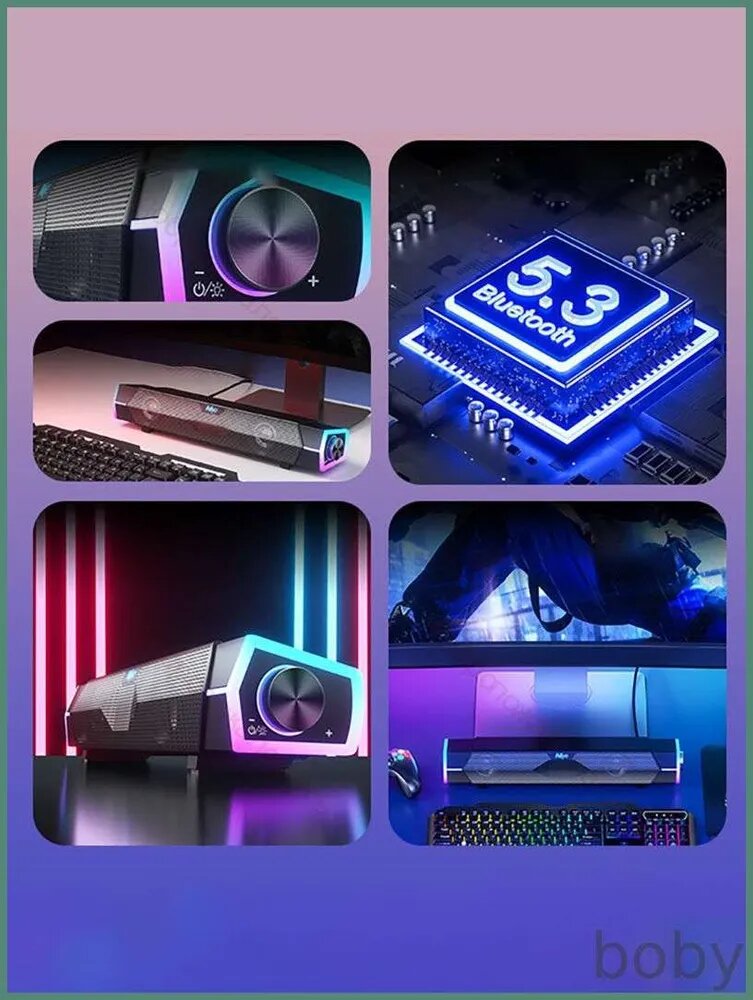 Саундбар Nje Для Компьютера с RGB подсветкой, черный корпус, встроенной звуковой картой и беспроводным подключением — фото 1