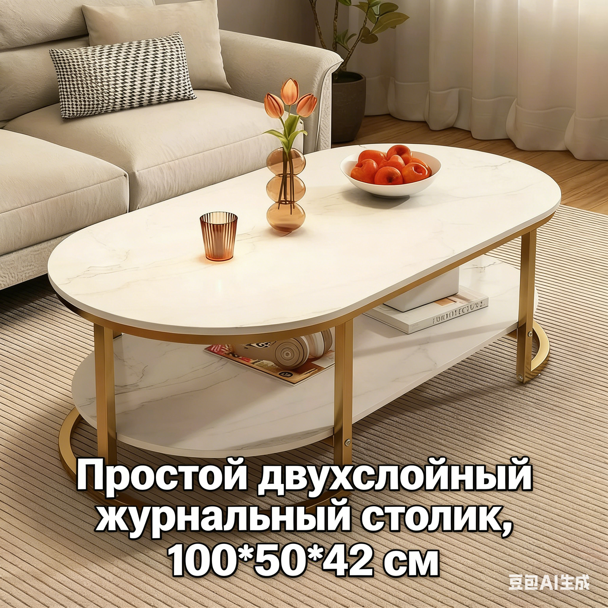 Простой двухслойный журнальный столик, белый мрамор, 100*50*42 см