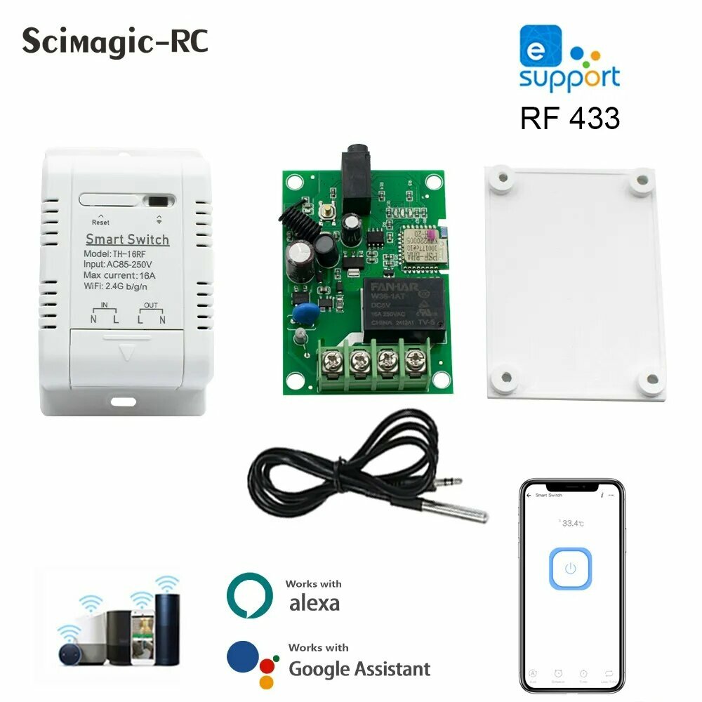 1 шт Ewelink Умный WiFi + RF433 Switch AC 85-250 В, 3000 Вт, максимальный ток 16 А, реле с температурным контролем