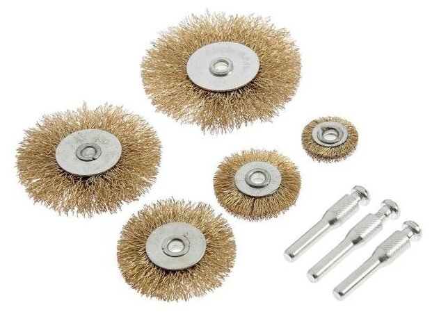 Набор щеток металлических для дрели , плоские 25-38-50-63-75 мм, 5 шт. + 3 шпильки