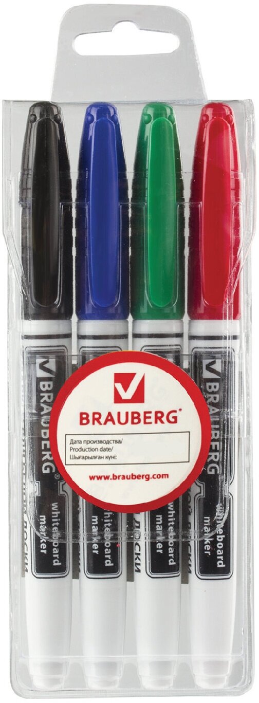 Маркеры для доски BRAUBERG, набор 4 шт, эргономичный корпус, круглый наконечник, 4 мм, 150850