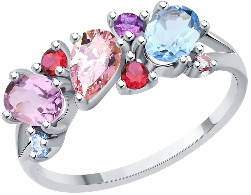 Кольцо, серебро, 925 проба, родирование, аметист, фианит, топаз, корунд синтетический